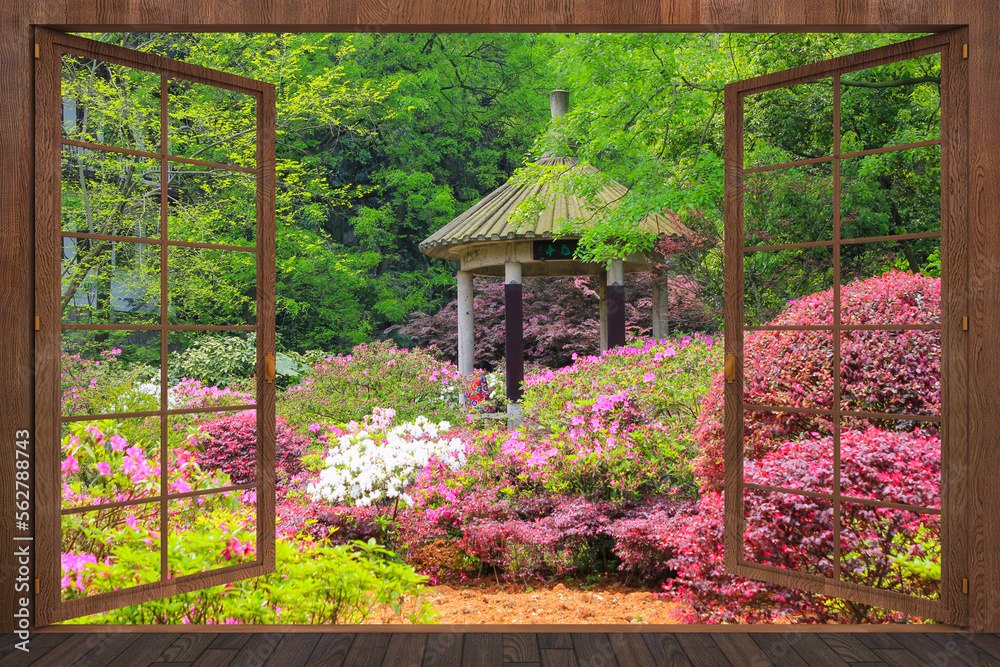 open wooden window with a view of the Japanese garden Stock Photo ...