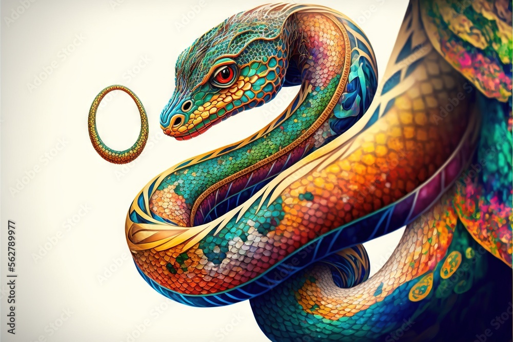 a colorful snake with a ring in its mouth and a tail curled up to the ...