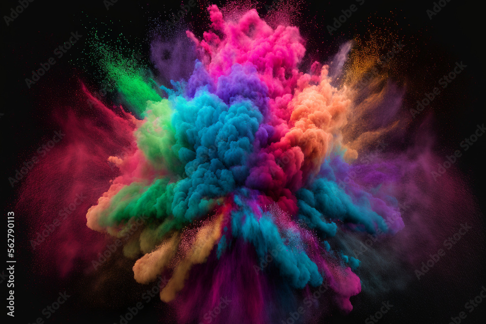 rainbow powder cloud explosion with black backdrop made by generative ...