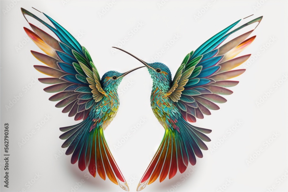 two colorful birds with long beaks touching beaks together with their ...