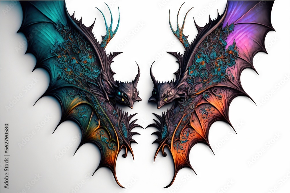 two colorful dragon wings with a white background and a white ...