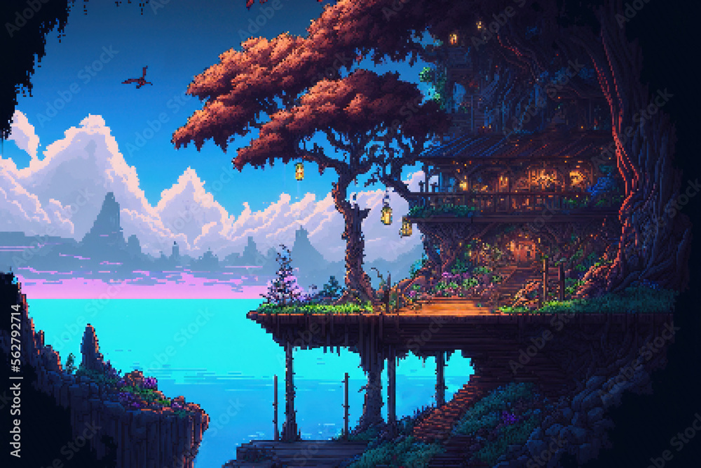 Wallpaper of Pixelated Tree House, 4K Landscape Stock Illustration ...