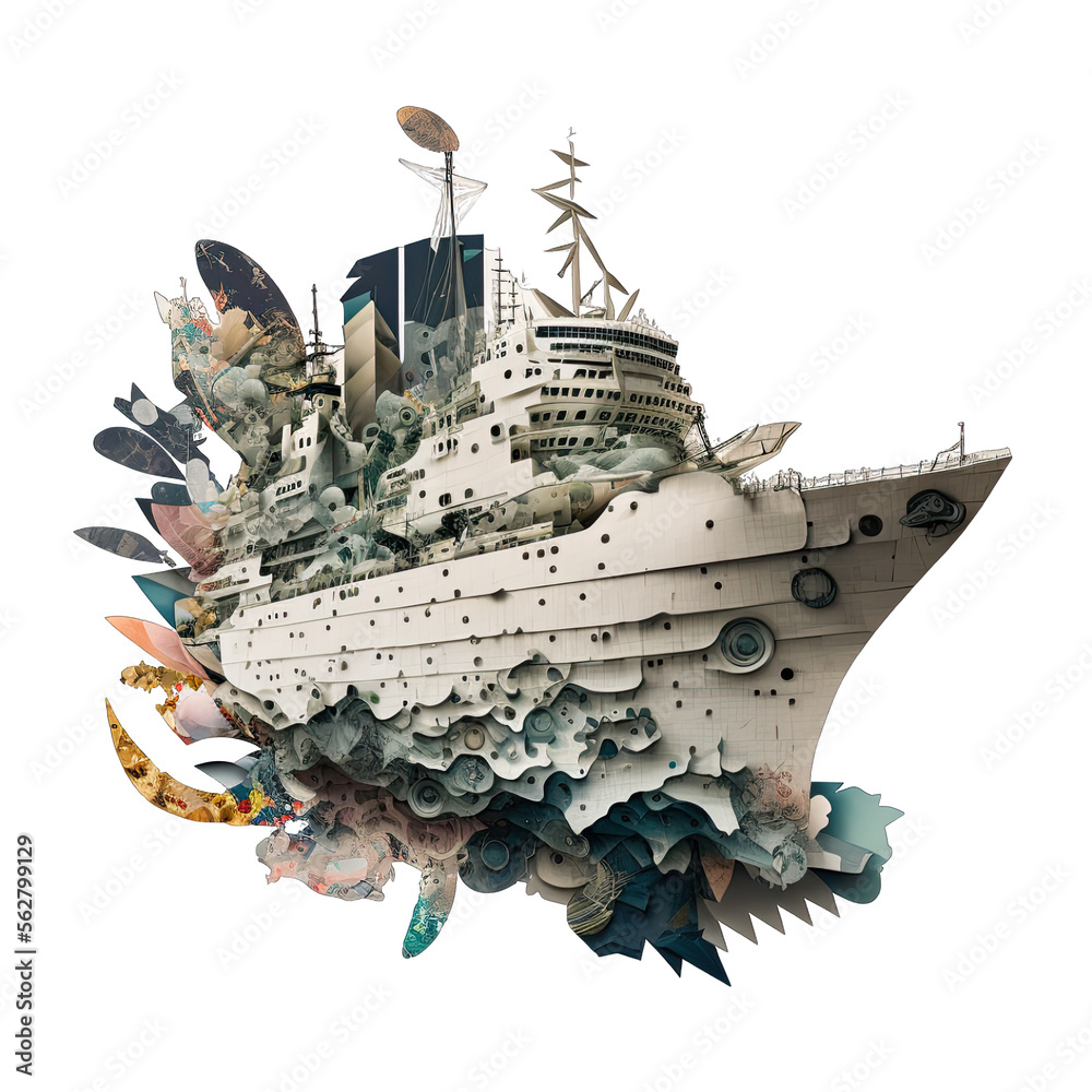 Ship in the sea illustration, ghost ship collage, isolated cruise ship ...