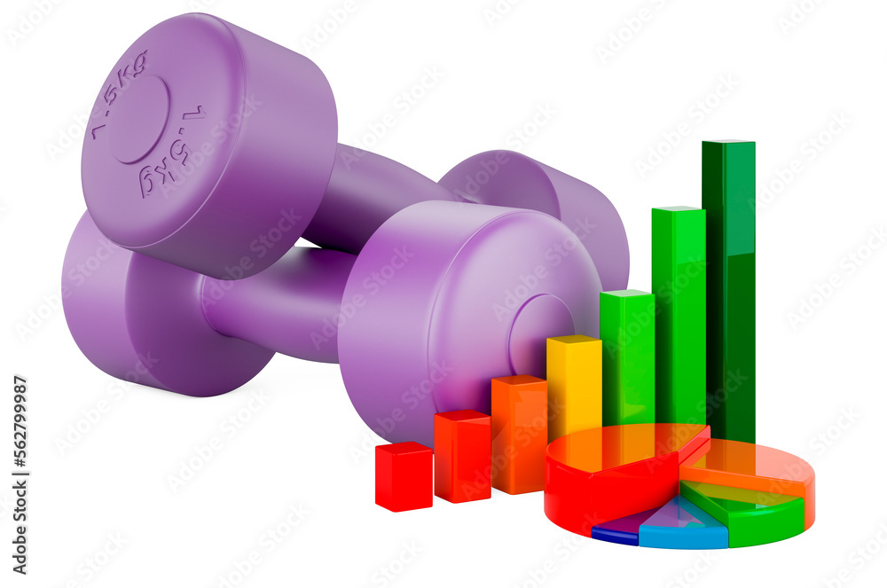 Dumbbells for Strength Training with growth bar graph and pie chart. 3D ...