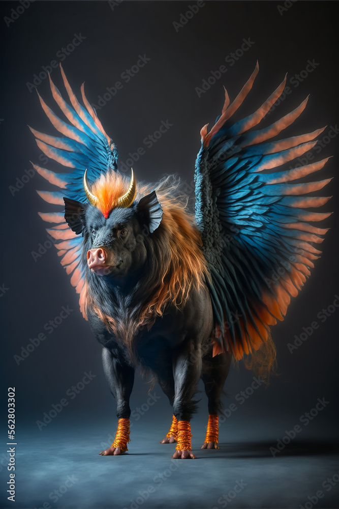 Fantasy portrait of a Wild pig in Huge Wings Royal pose isolated Stock ...