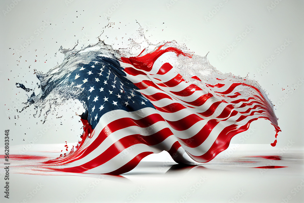 American flag in dispersion wave on white isolated background ...