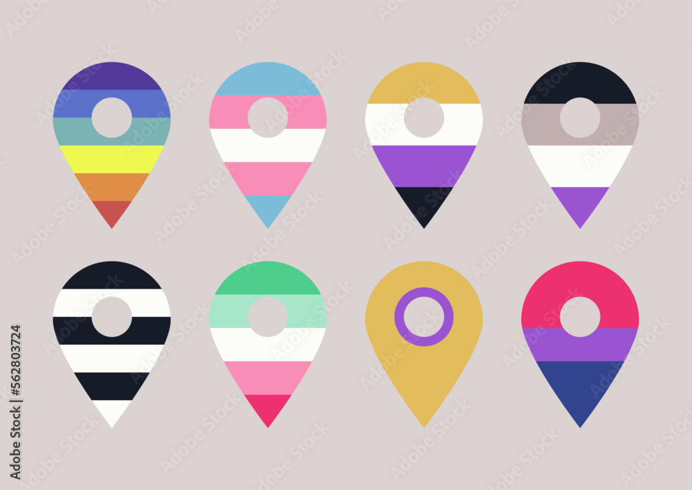 LGBTQ geo pins colored as pride flags, homosexuality and inclusivity ...