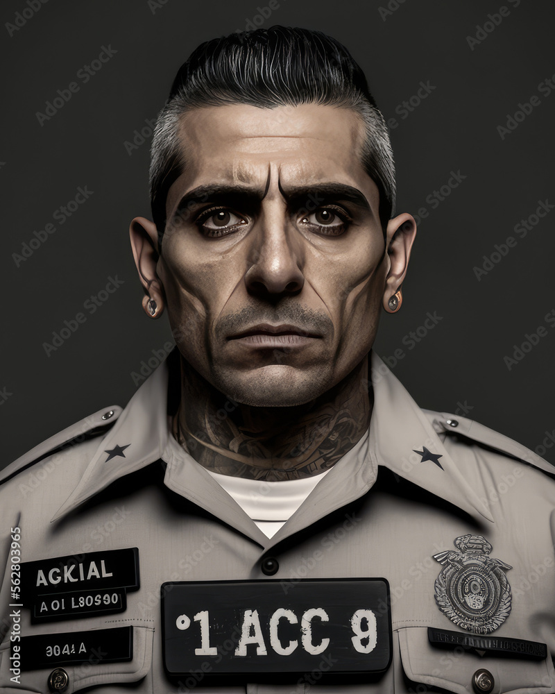 Portrait of a serious crooked mature man in police or military uniform ...