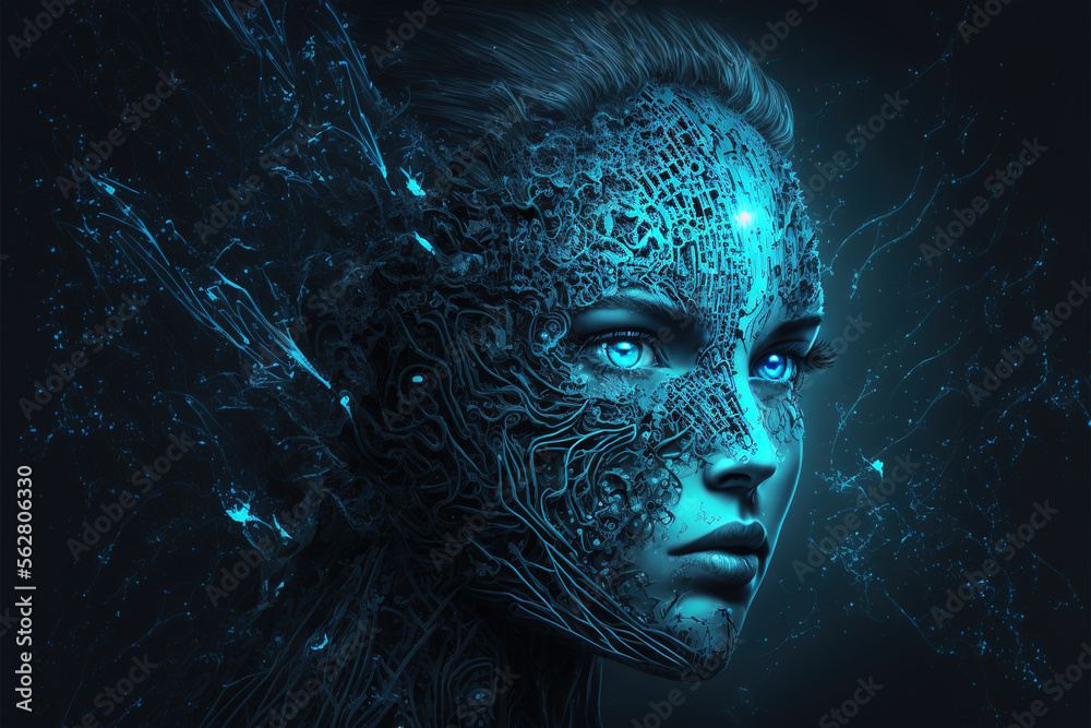 Fictional beautiful cyborg woman, AI or artificial intelligence concept ...