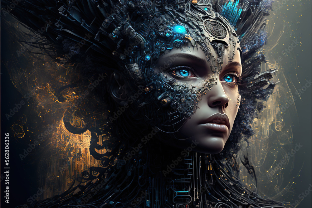 Fictional beautiful cyborg woman, AI or artificial intelligence concept ...