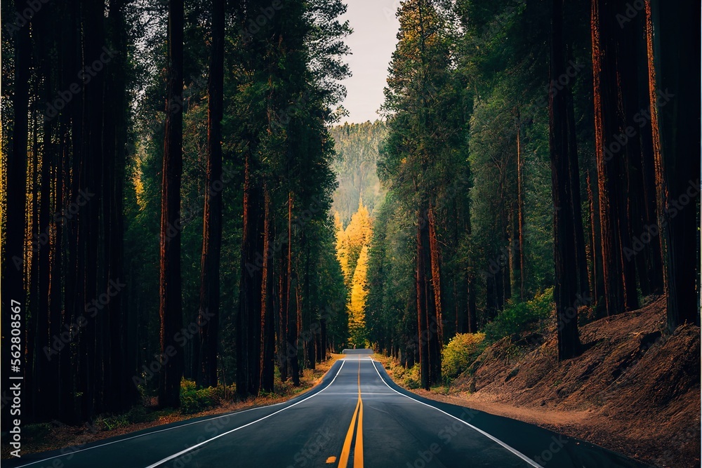 Background image, asphalt road through the old forest, high redwoods ...