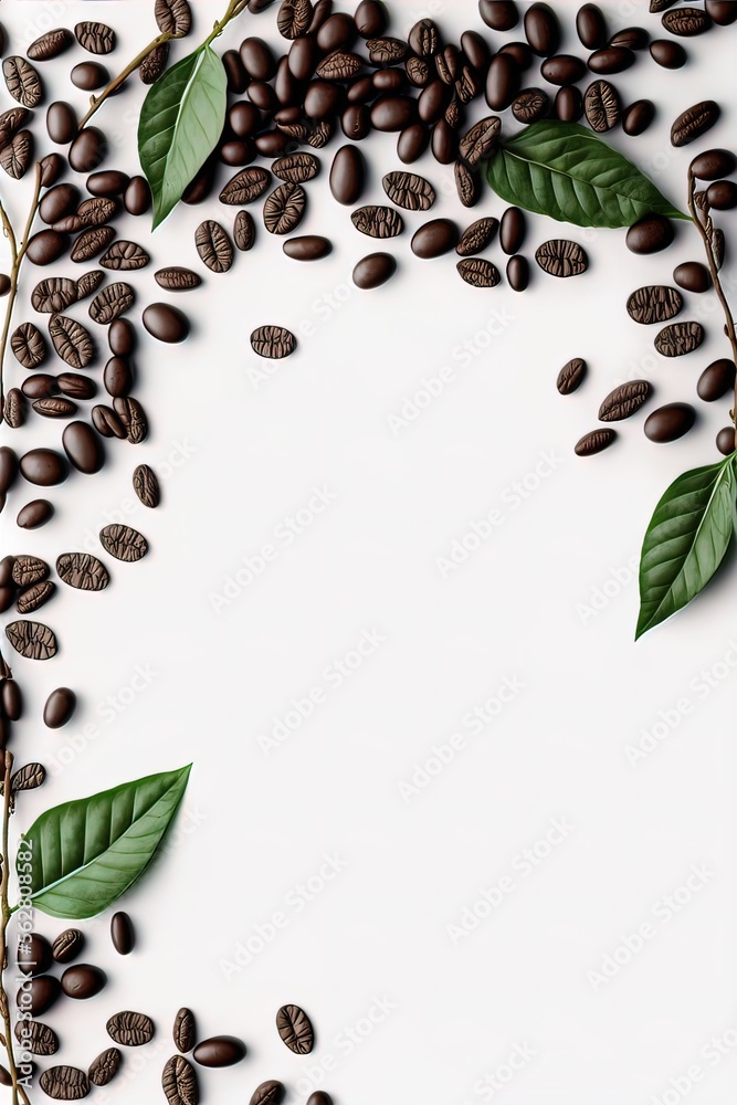 Coffee themed template. Coffee beans and leaves bordering a white ...