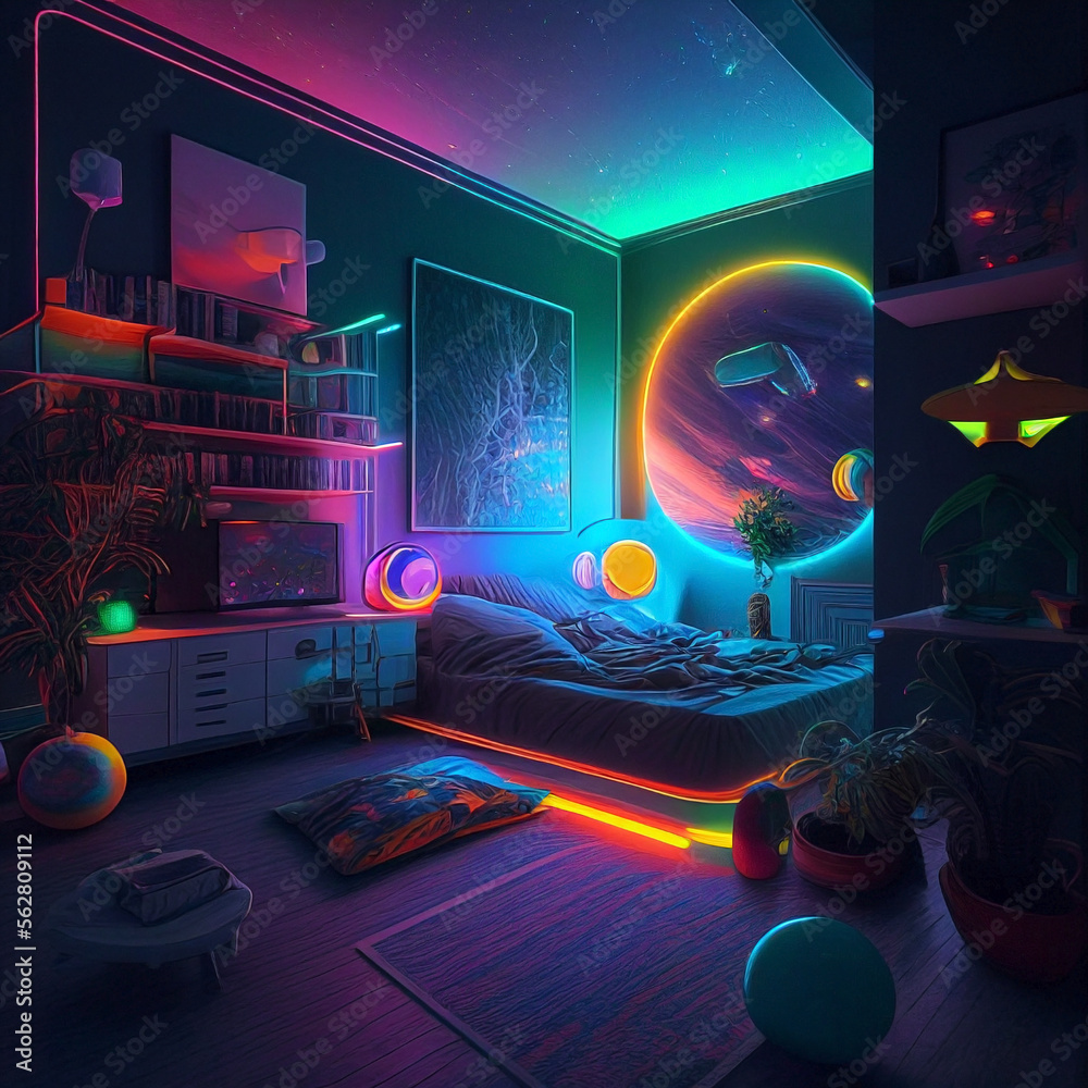 Ai generated. Futuristic teen room interior design. Gaming living room ...