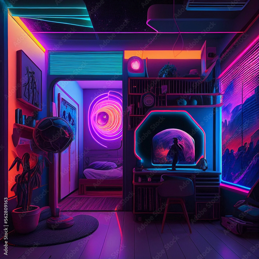 Ai generated. Futuristic teen room interior design. Gaming living room ...