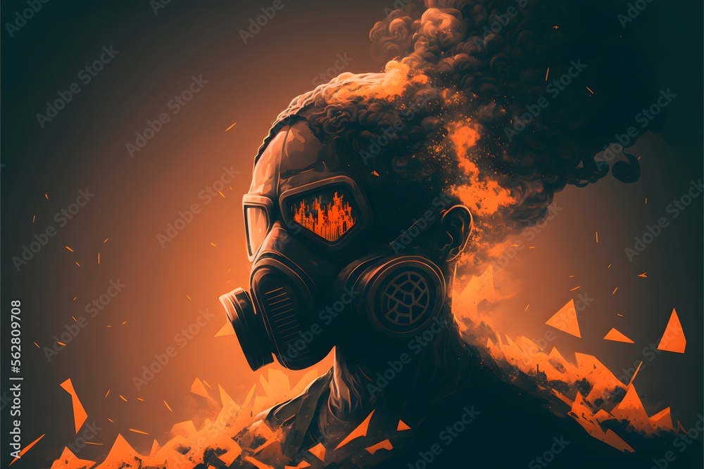 Air Pollution. A person wearing a gas mask. Radioactive. Radioactivity ...