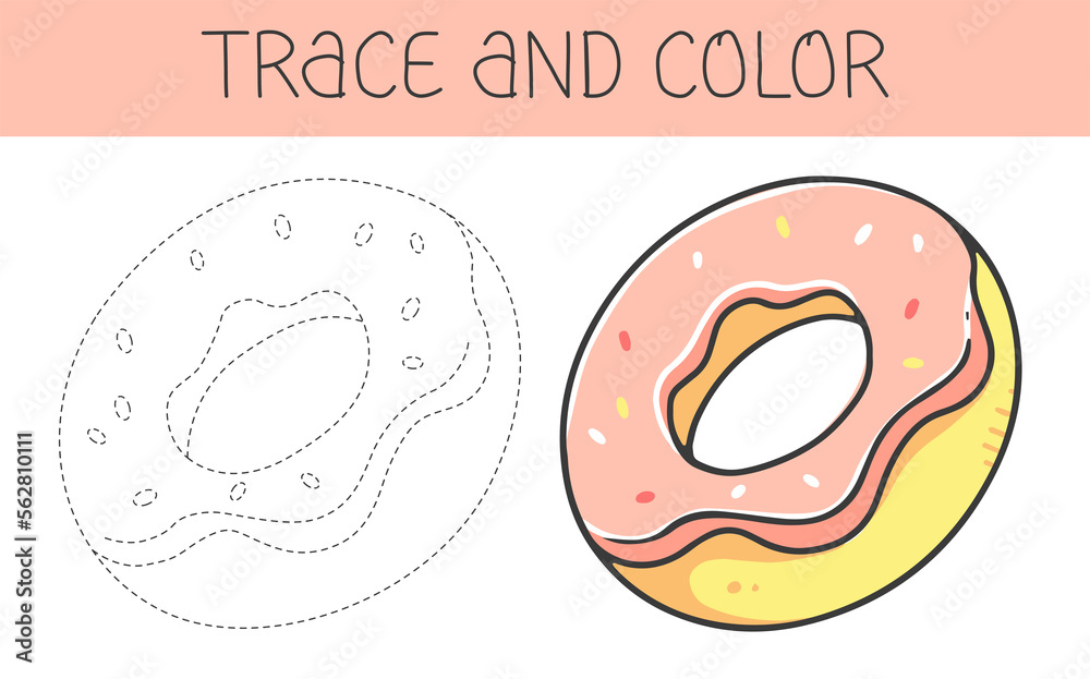 Trace and colour coloring book with donut for kids. Coloring page with ...