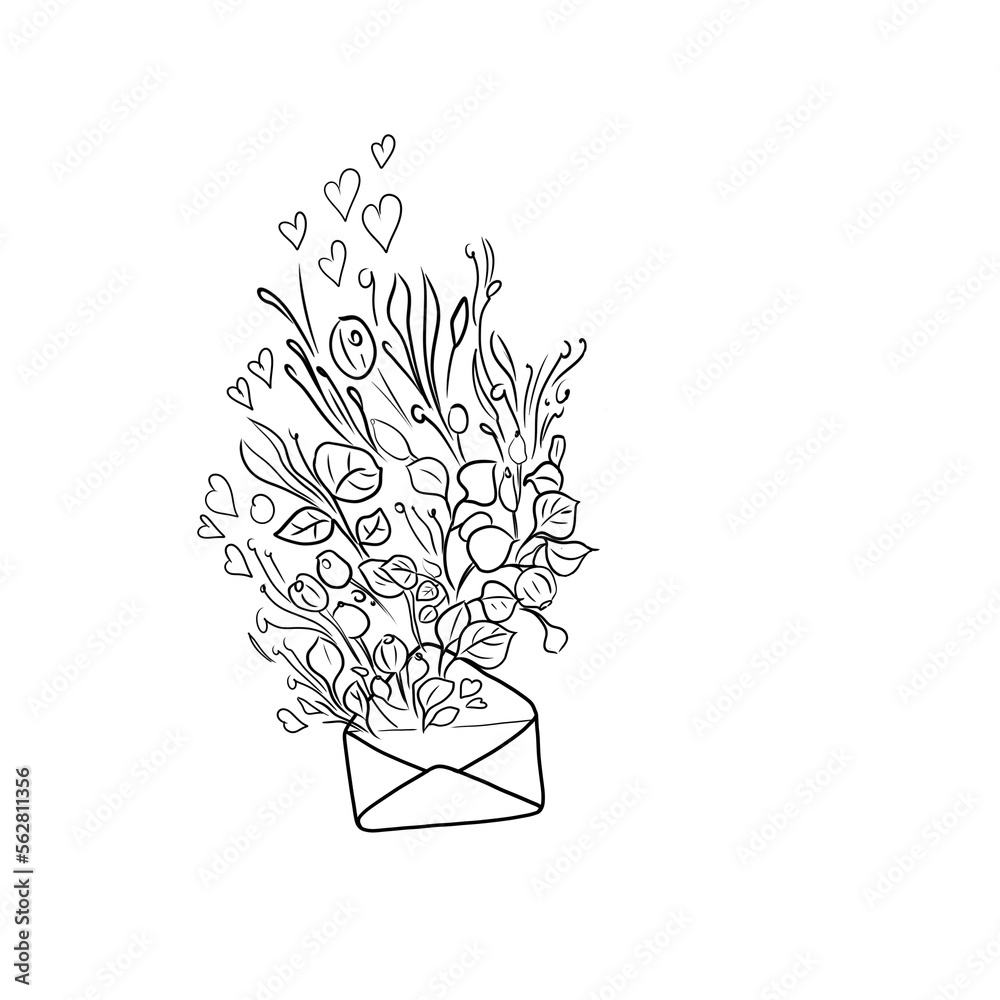 Greeting card, open letter with flowers inside, line drawing, black and ...