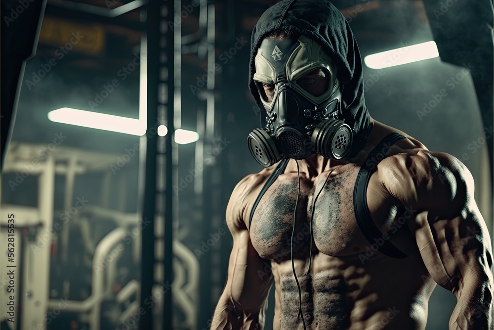 Fit Gas Mask Model Pumping Iron in Industrial Gym Setting. Generative ...