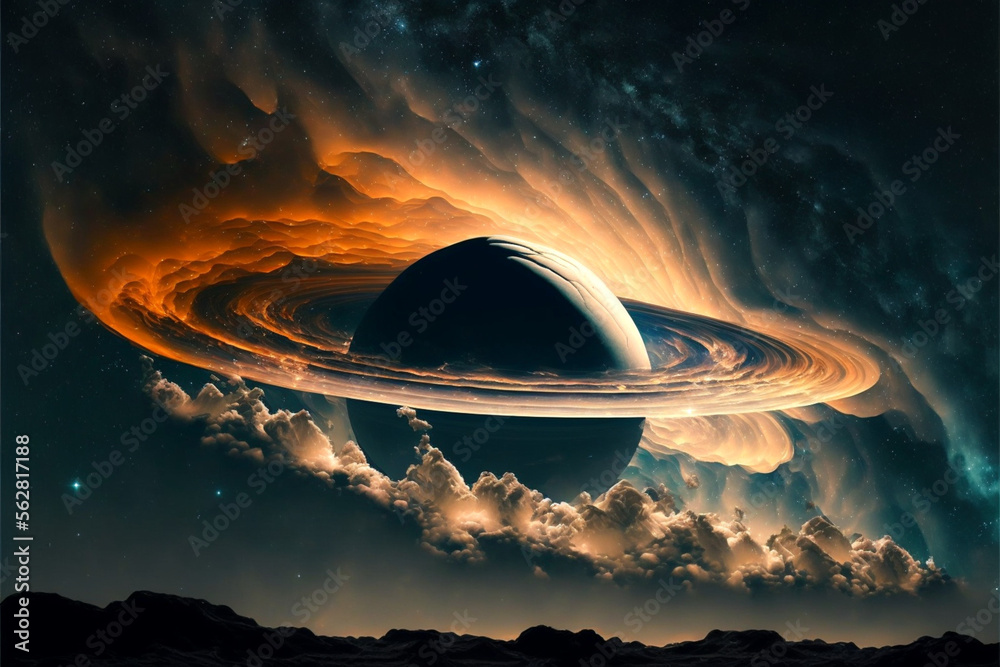 beautiful saturn in the sky surrounded by clouds, illustration concept ...