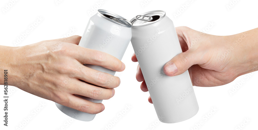Two hands clinking white aluminium beer cans cut out Stock Photo ...