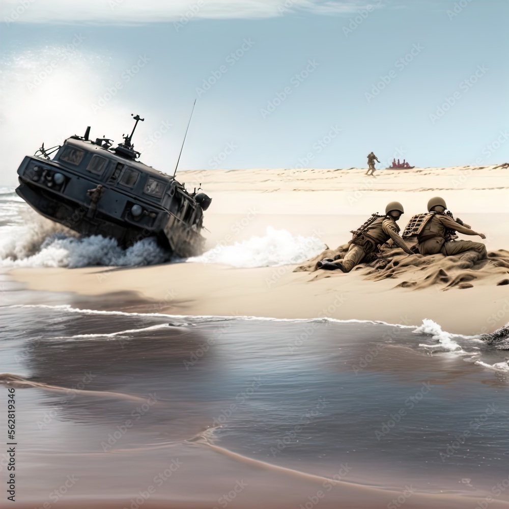 Marine invasion on the beach. Action scene created with Generative AI ...