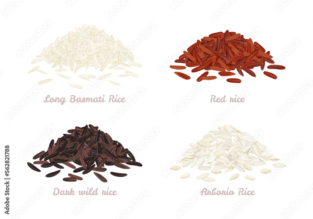 Rice of different types. Heap of grains of red rice, long basmati rice ...
