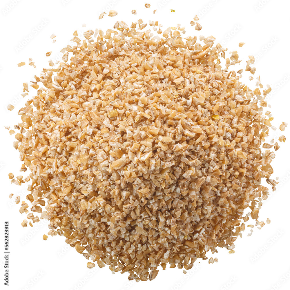 Pile of wheat groats, a coarse ground einkorn meal, isolated, top view ...
