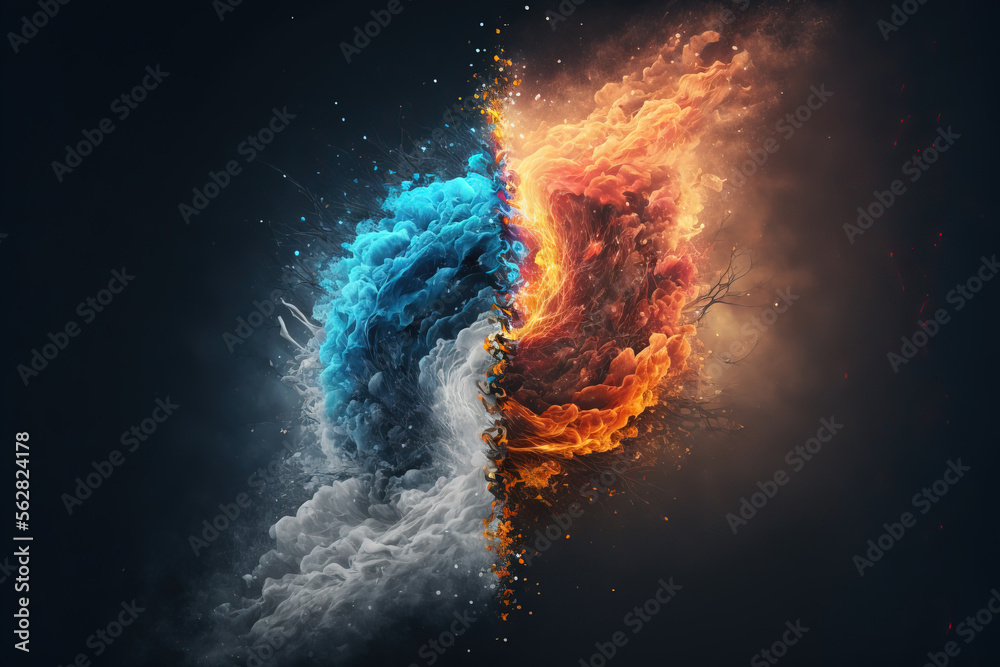 Fire and ice concept. Good and evil. Hot and cold. Exploding fire. Exploding ice. Yin Yang ...