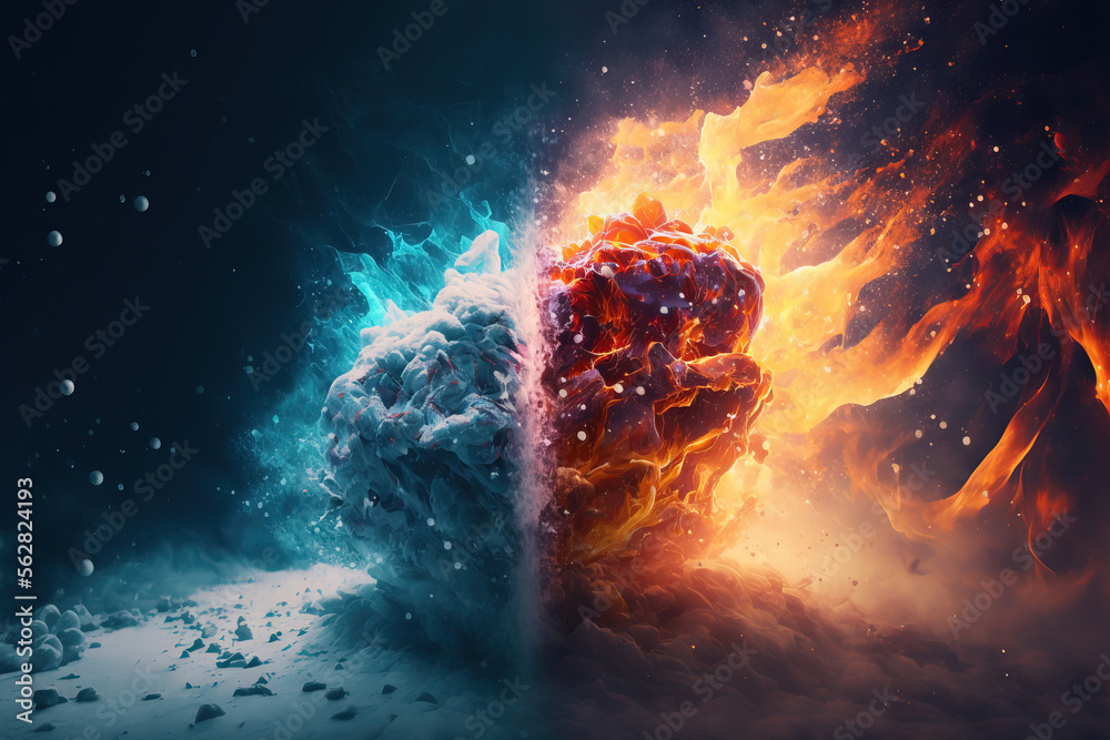 Fire and ice concept. Good and evil. Hot and cold. Exploding fire. Exploding ice. Fire wind ...