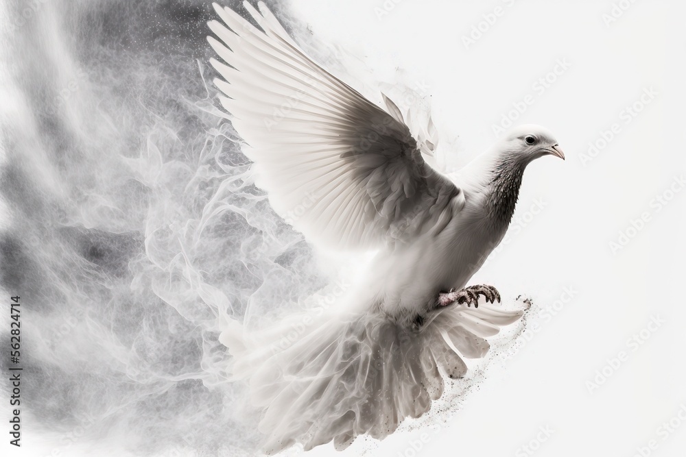 Flying white dove. Fading into smoke. White angelical wings. ilustração ...