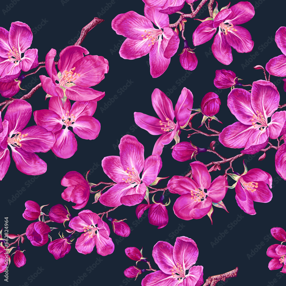 Seamless botanical pattern with flowering tree branches. Pink apple ...