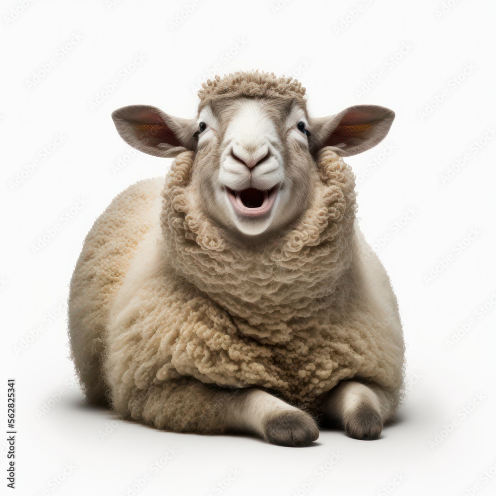 Portrait of a joyful happy smiling sheep isolated on a white background ...