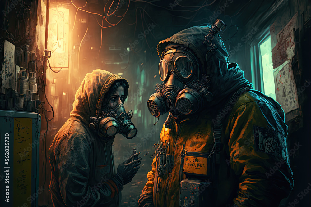 Illustrazione Stock Cyberpunk Contamination: Survivors Battle Chemical and Radiation Effects as ...
