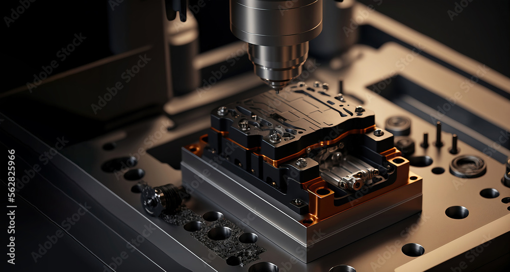 The CNC milling machine finishing cutting the injection mold parts with ...