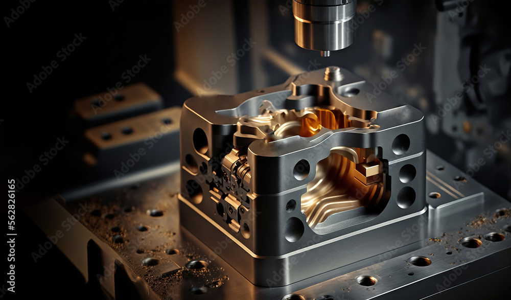 The CNC milling machine finishing cutting the injection mold parts with ...