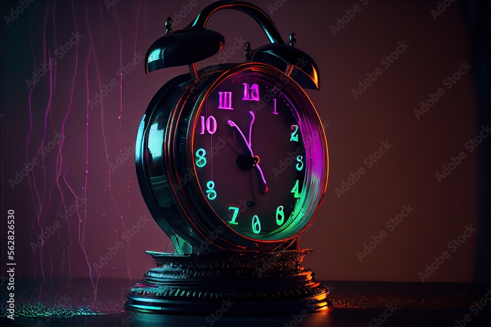 neon analog clock dripping on a dark night .Generative AI. 3 Stock ...