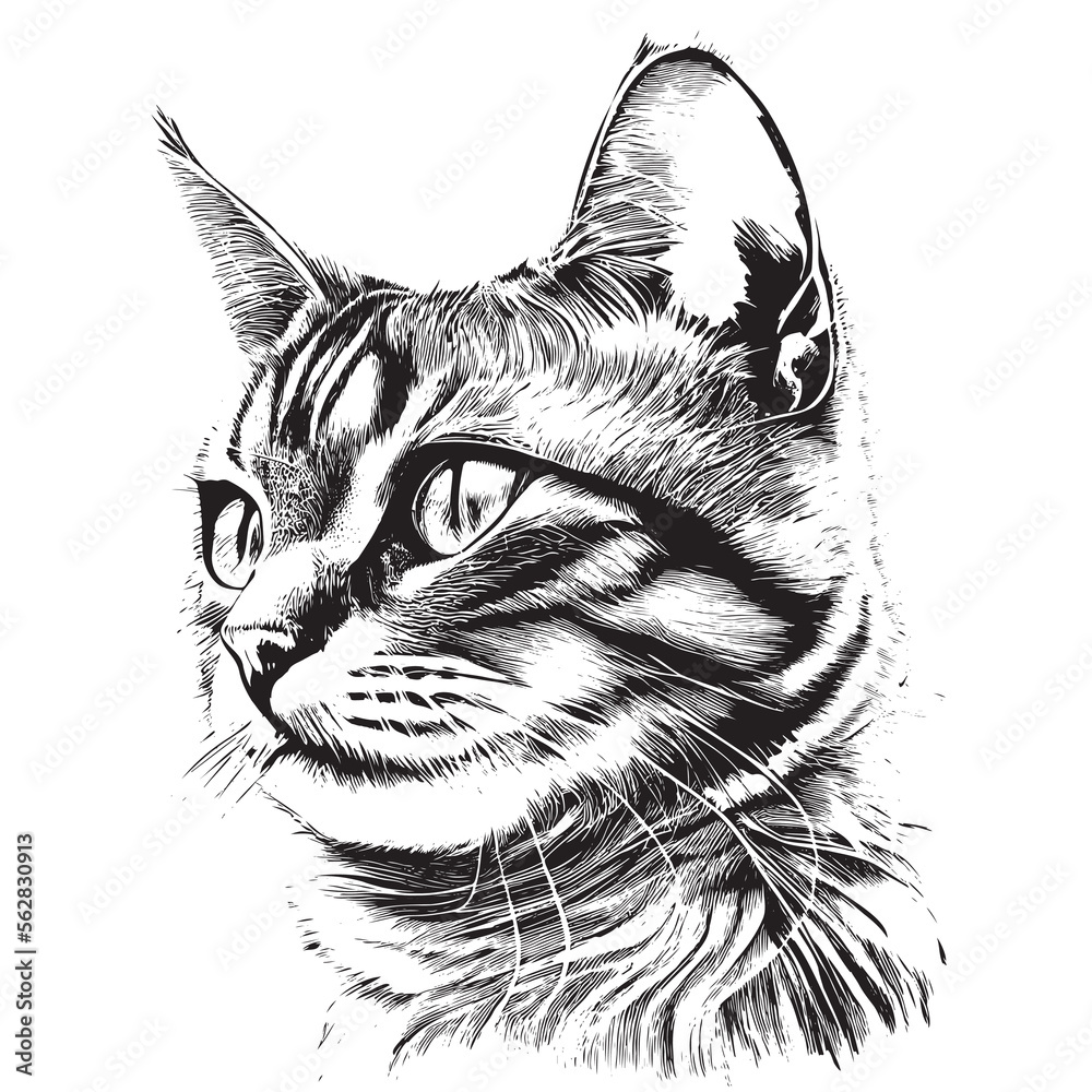 Cute cat portrait hand drawn sketch engraving style Vector illustration ...