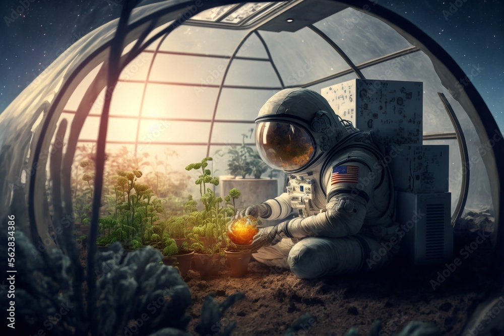 Astronaut planting new species seed carefully in moon. Outer space ...