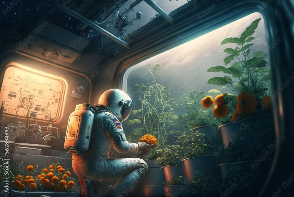 Astronaut planting new species seed carefully in moon. Outer space ...