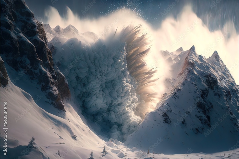 Mountain winter landscape with a snow avalanche from the mountain. The ...