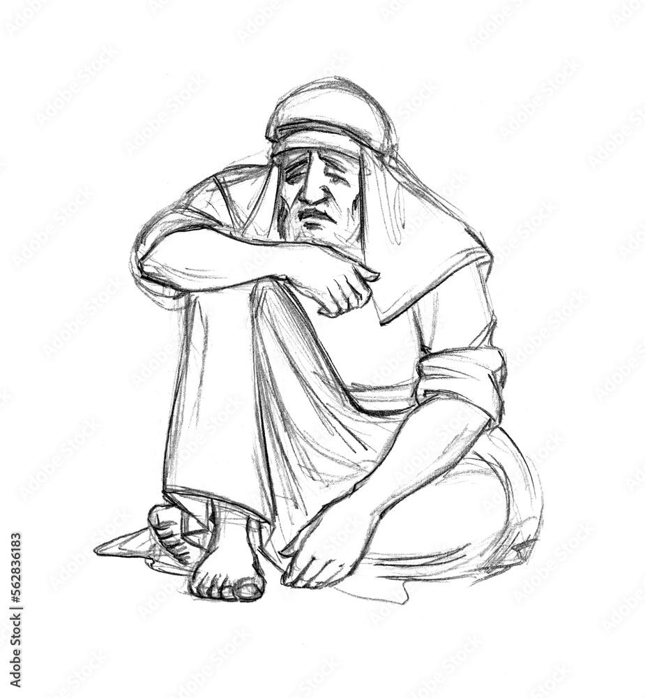 Poster Pencil drawing. Sad man sitting on the ground – Wall Art | UkPosters