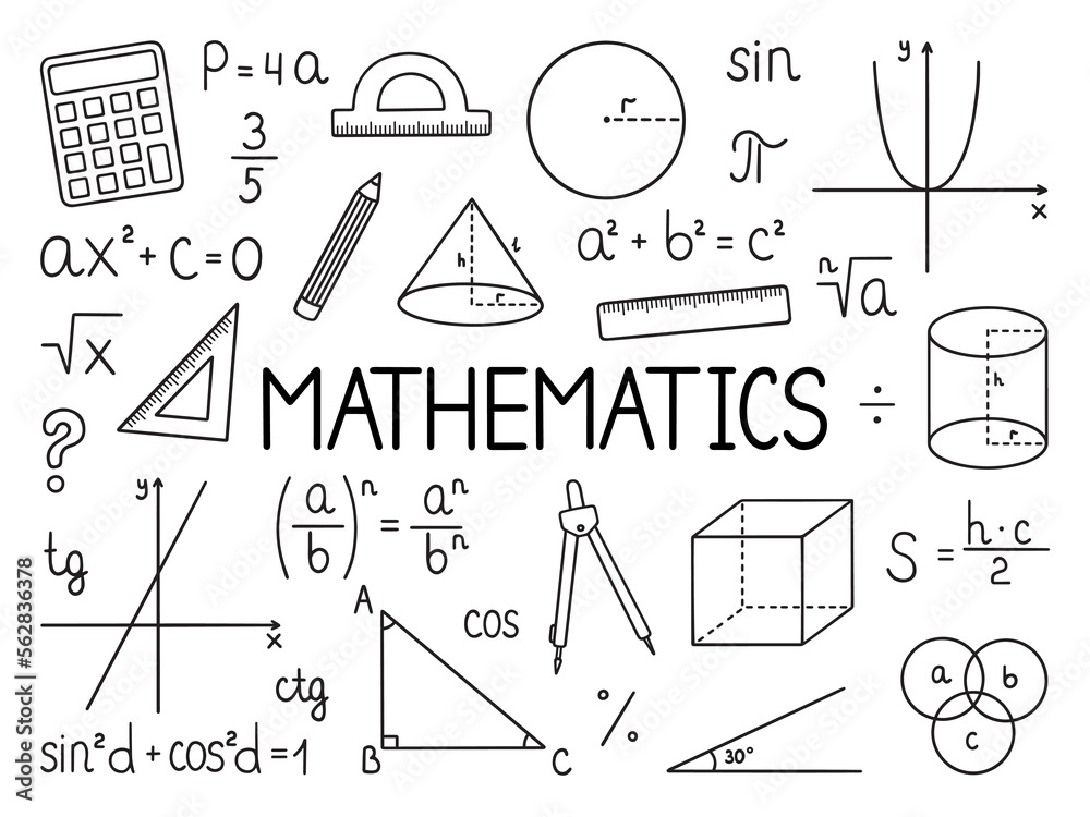 Mathematics doodle set. Education and study concept. School equipment ...