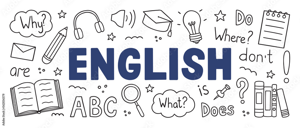 Learning English doodle set. Language school in sketch style. Online ...