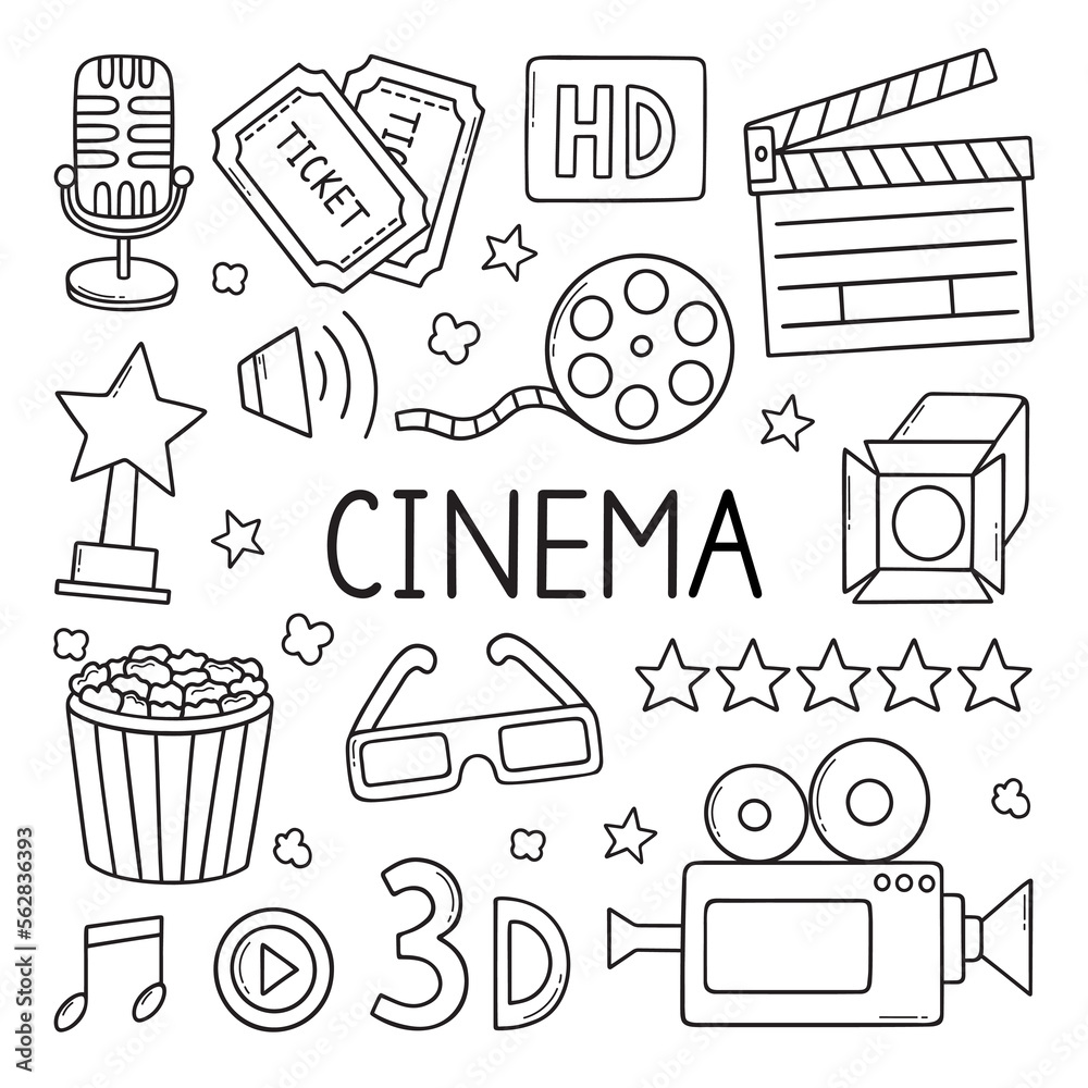 Cinema, film doodle set. Movie elements in sketch style. Camera, film ...