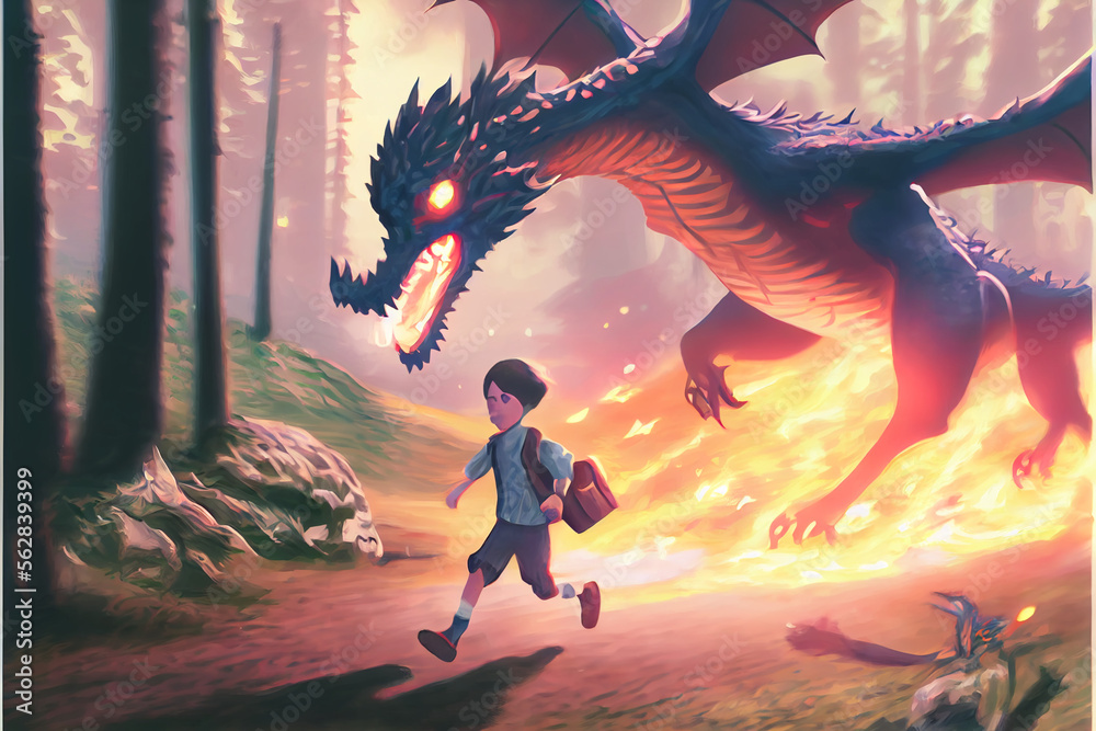 fantasy scene showing the young boy running away from the fire dragon ...