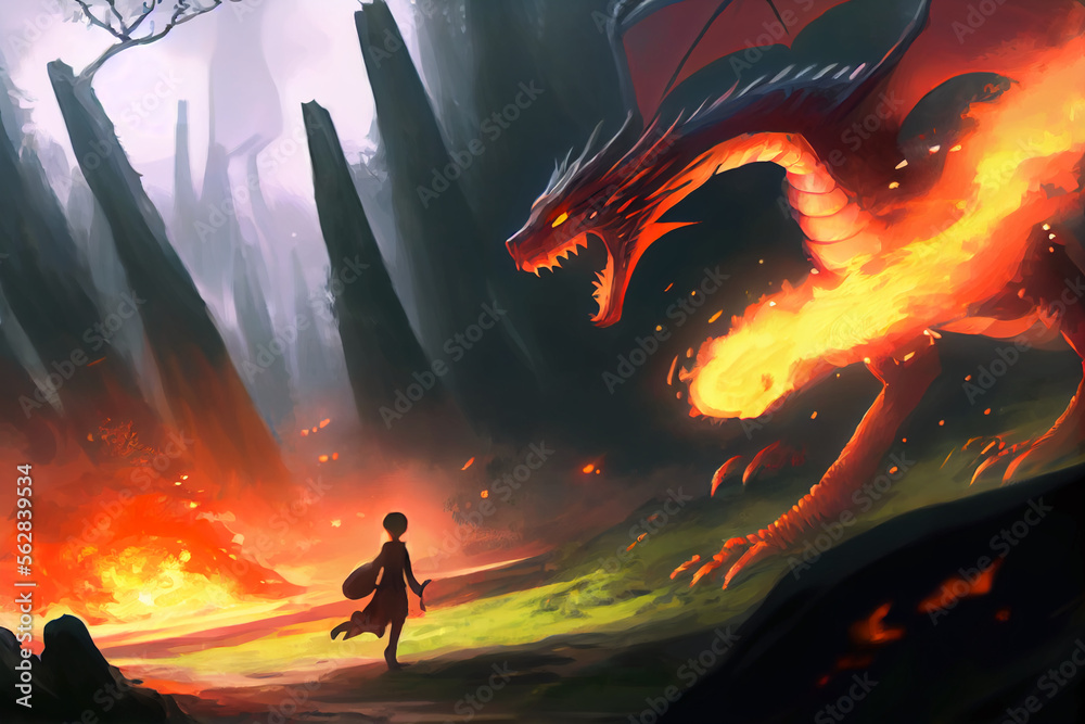 fantasy scene showing the young boy running away from the fire dragon ...