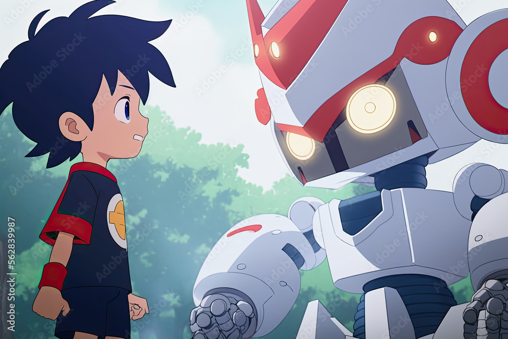 ai generative illustration of a boy meeting a robot for the first time ...