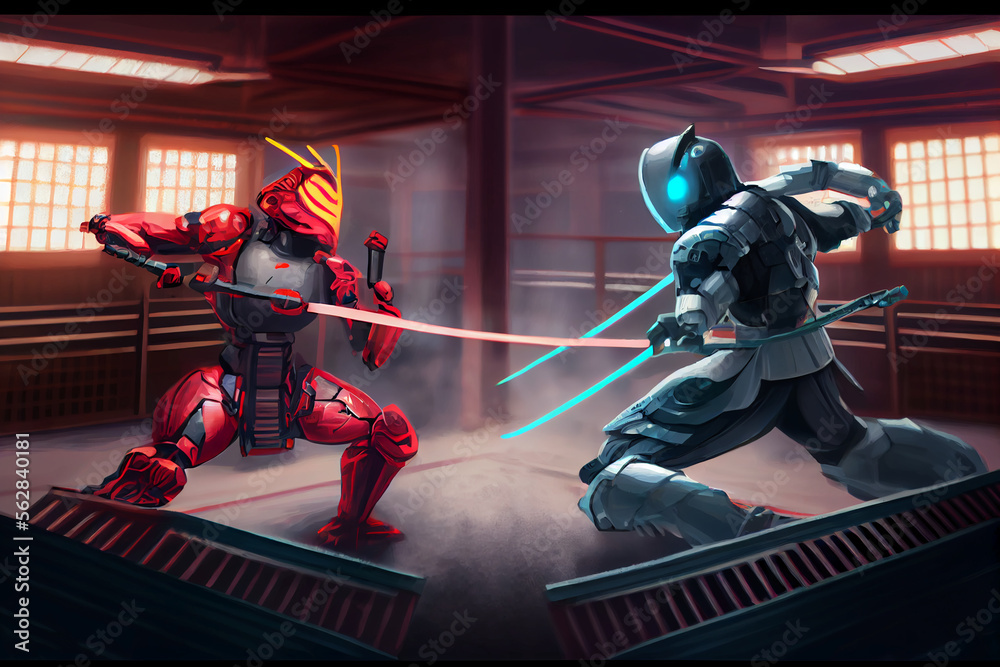 Fight between samurai and robot in dojo; sci-fi action scene ...