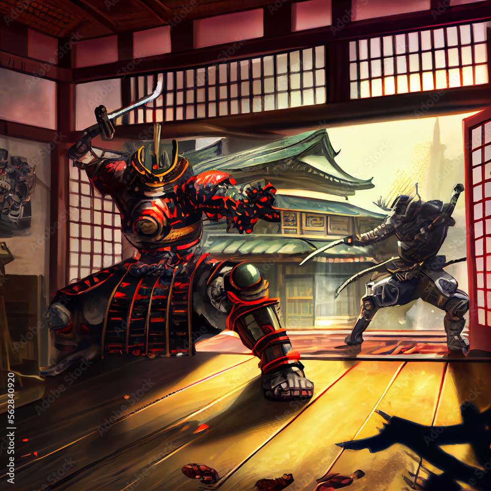 Fight between samurai and robot in dojo; sci-fi action scene ...