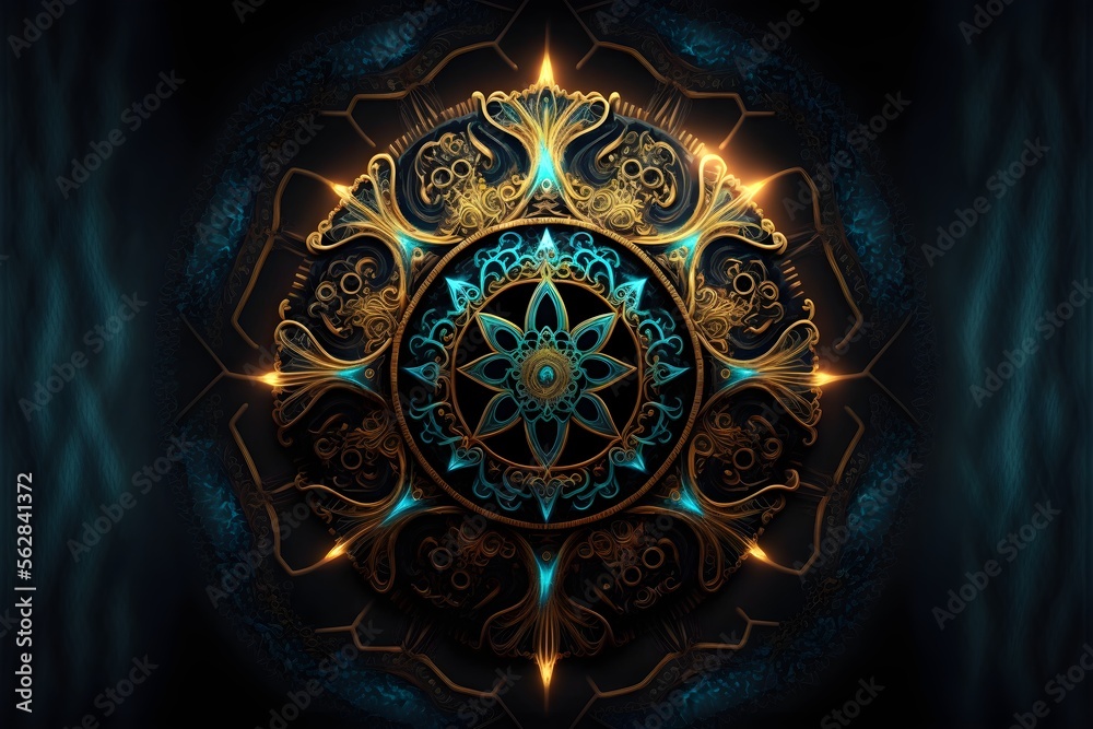 repeating pattern of sacred symbol, magical, bioluminescent colors ...